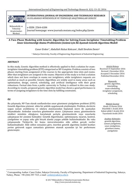 Pdf A Two Phase Modeling With Genetic Algorithm For Solving Exam Invigilator Timetabling Problem