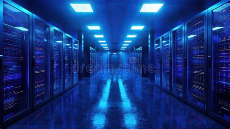 3d Render Of Modern Blue Illuminated Data Center Server Room Stock Illustration Illustration