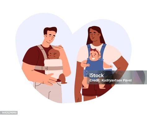 하얀 배경에 고립된 슬링에 아기를 안고 있는 부모 어두운 피부의 엄마와 아빠의 벡터 손으로 그린 그림 벡터에 대한 스톡 벡터 아트 및 기타 이미지 Istock