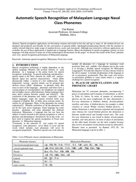 Automatic Speech Recognition Of Malayalam Language Nasal Class Phonemes