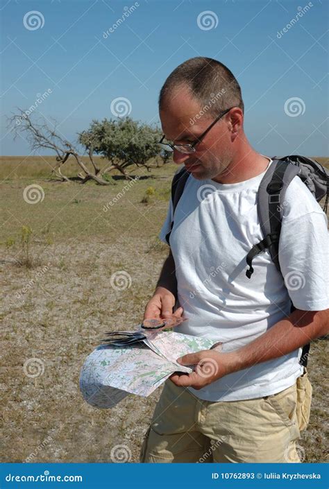 Man With Map And Compas Orienteering Outdoors Stock Image Image Of Expedition Coordinates