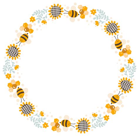 A Circular Frame With Bees And Flowers