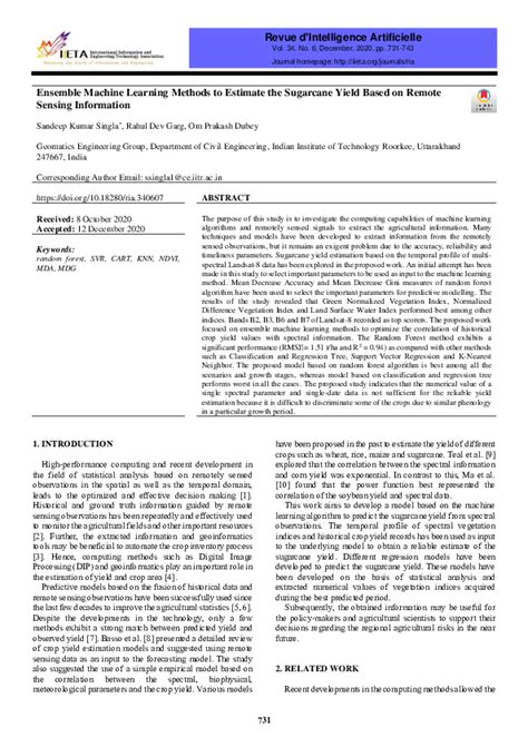 Pdf Ensemble Machine Learning Methods To Estimate The Sugarcane Yield Based On Remote Sensing