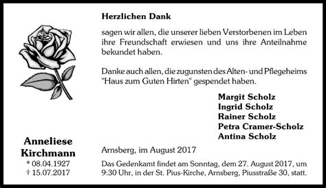 Traueranzeigen Von Anneliese Kirchmann Trauer In Nrw De