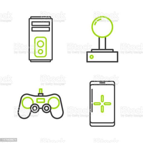 라인 스마트 폰을 설정하고 게임 게임 패드 아케이드 기계 및 컴퓨터 아이콘에 대한 조이스틱에서 재생합니다 벡터 Brand Name Video Game에 대한 스톡 벡터 아트