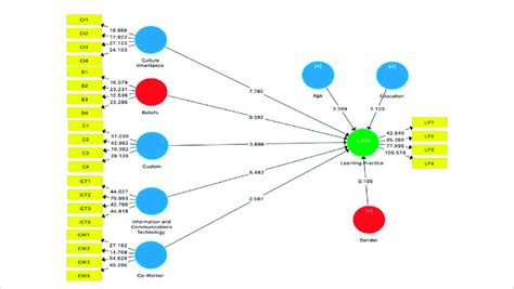 pls sem path model green and blue variables significant green and