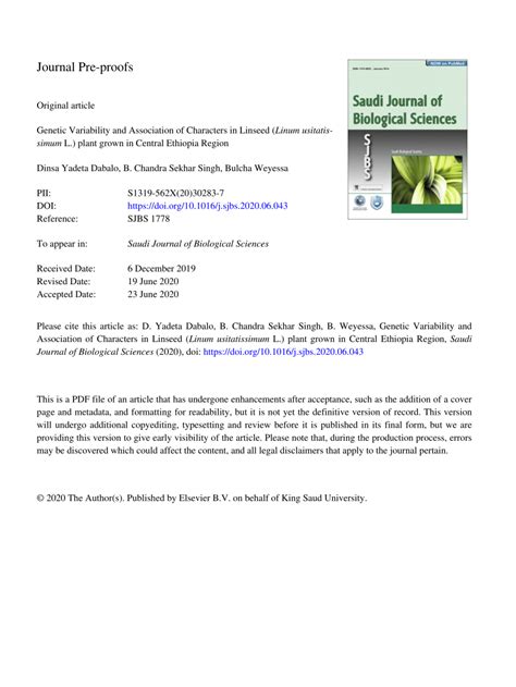 Pdf Genetic Variability And Association Of Characters In Linseed Linum Usitatissimum L