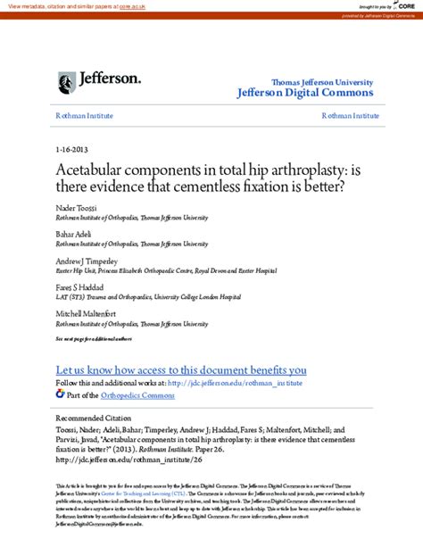 Pdf Acetabular Components In Total Hip Arthroplasty Is There Evidence That Cementless