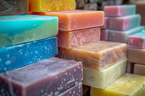 Colorful Handmade Soap Bars Stacked On Display At Market Stall Stock