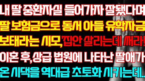 반전 사연 내 딸 중환자실 들어가자 잘됐다며 딸 보험금으로 동서 아들 유학자금 보태라는 시모 이혼 후 나타난 딸애가 온