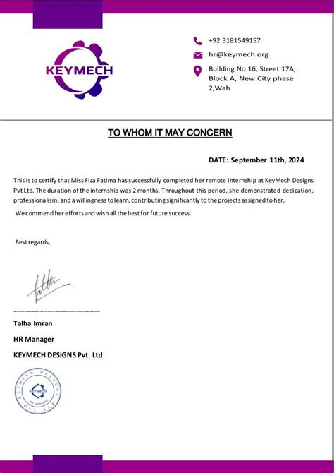 Fiza Fatima On Linkedin Excited To Share That Ive Completed A 4 Weeks Internship At Key Mech