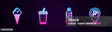 와플 콘에 아이스크림을 넣고 물이 든 유리잔 한 병 및 위치 슬라이스 피자를 설정합니다 빛나는 네온 아이콘입니다 벡터 0명에 대한 스톡 벡터 아트 및 기타 이미지 Istock