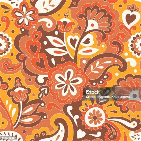 다채로운 민속 환각적인 이음새가 없는 무늬 복고풍 민족 장식품 빈티지 벡터 배경 히피 70 년대 스타일의 그루비 섬유 인쇄물 꽃 모티프 1970년에 대한 스톡 벡터 아트 및