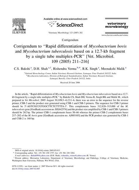 Pdf Corrigendum To Rapid Differentiation Of Mycobacterium Bovis And Mycobacterium