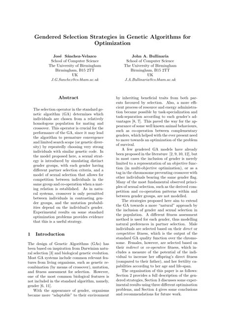 Pdf Gendered Selection Strategies In Genetic Algorithms For Optimization