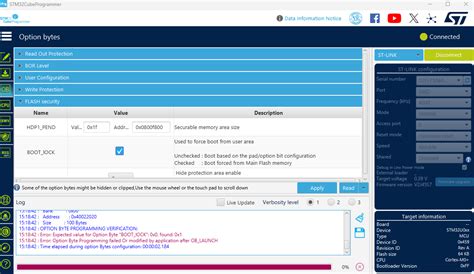 solved stm32u0 attempting to reach rdp level 1 stuck at stmicroelectronics community
