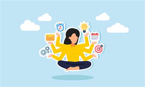 프로젝트를 효율적으로 관리하고 작업의 균형을 맞추고 생산성을 향상시키고 업무 책임을 효과적으로 처리하고 여러 손을 가진 생산적인 여성의 개념으로 멀티태스킹 작업을 처리합니다