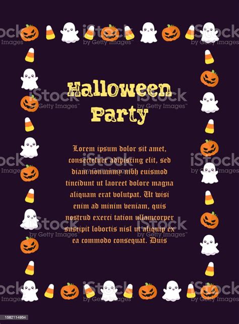 귀여운 할로윈 파티 초대장 카드 프레임 템플릿입니다 만화 유령 잭 오 랜턴 호박 사탕 옥수수가 있는 직사각형 할로윈 테두리 디자인 소셜 미디어 배너 벡터 일러스트레이션 10