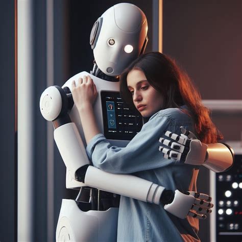 Premium Photo A Woman Hugging A Robot Ai Generate