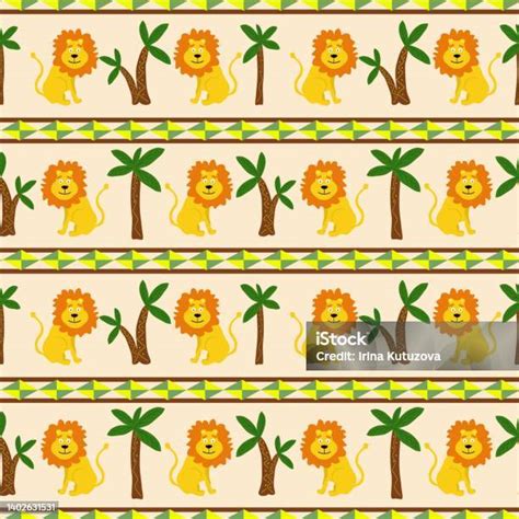 장식품 사자 및 야자수가있는 패턴 벡터 일러스트레이션 0명에 대한 스톡 벡터 아트 및 기타 이미지 0명 고양잇과 귀여운 Istock