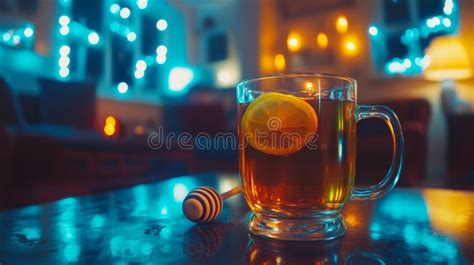 A Glass Of Lemon Tea With Honey Dipper On A Table With Blue And Yellow Lights In The Background