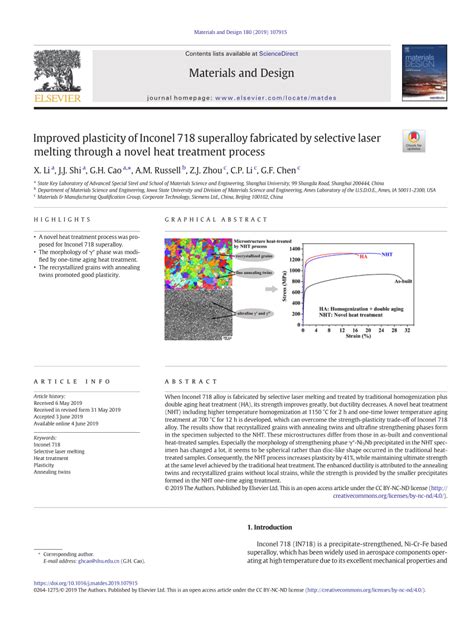 Pdf Improved Plasticity Of Inconel 718 Superalloy Fabricated By Selective Laser Melting