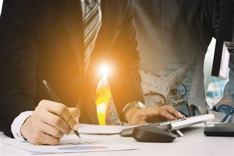 Double Exposure Concept Industrial Engineer Robot Working Control Stock