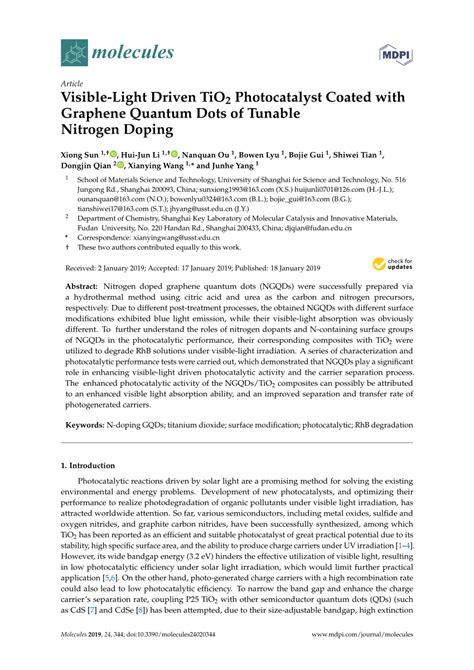 Pdf Visible Light Driven Tio2 Photocatalyst Coated With Graphene Quantum Dots Of Tunable