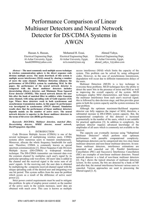 Pdf Performance Comparison Of Linear Multiuser Detectors And Neural Network Detector For Ds