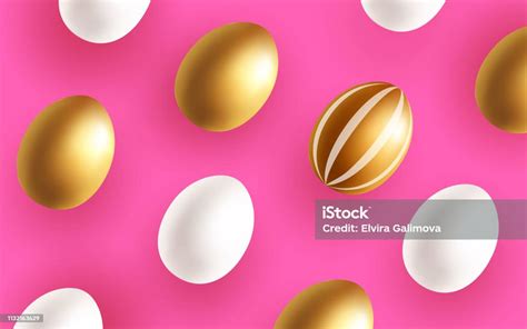 자홍색 배경에 장식 흰색과 황금 달걀과 행복 한 부활절 아름 다운 배경 인사말 카드 또는 바탕 화면 템플릿 현실적인 벡터 디자인입니다 3차원 형태에 대한 스톡 벡터 아트 및