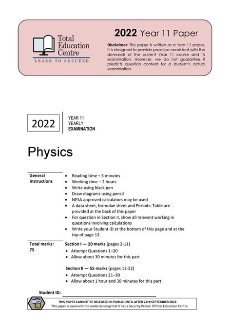 2022 Physics Year 11 Total Education Centre