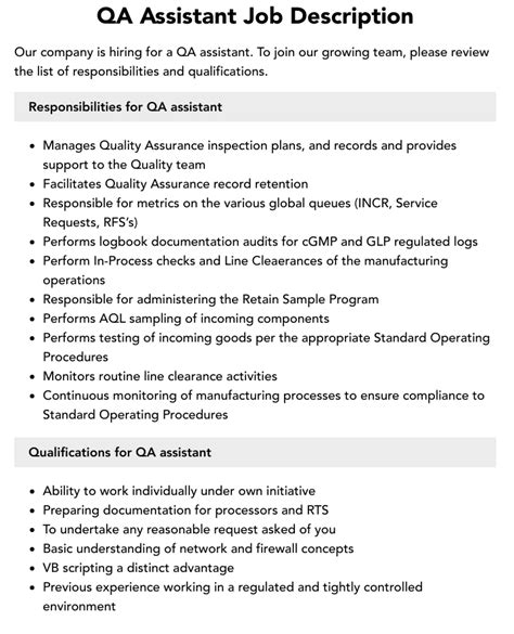 Qa Assistant Job Description Velvet Jobs