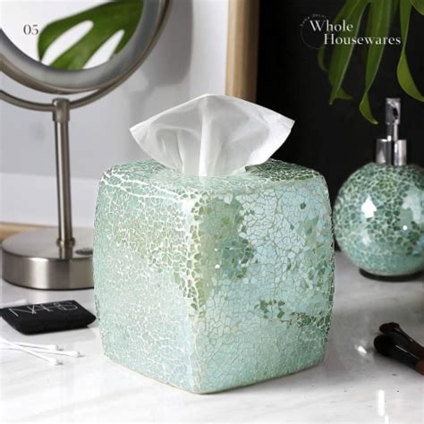 Whole Housewares Mosaic Glass Tissue Holder Teal Blue Elegant Decorative Cover 141 H 16 L
