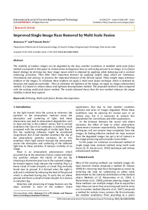 Pdf Improved Single Image Haze Removal By Multi Scale Fusion