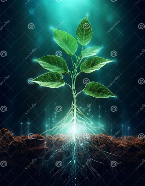 A Plantâ€™s Root System Glowing Underground Connected To Leaves