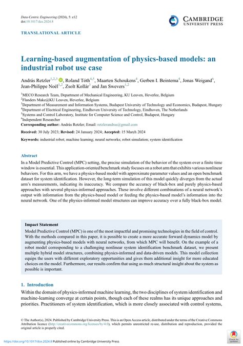 Pdf Learning Based Augmentation Of Physics Based Models An Industrial Robot Use Case