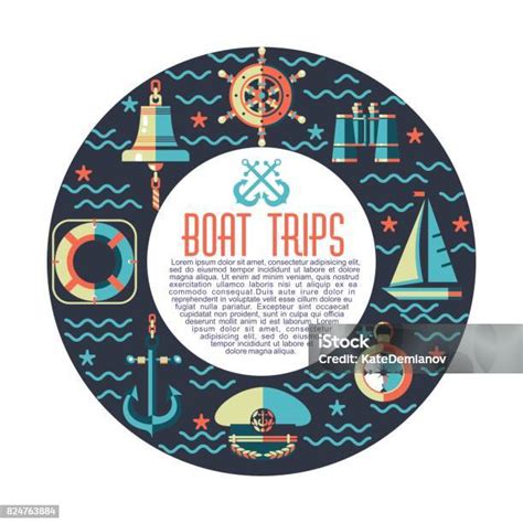 벡터 아이콘 원형에서 배열입니다 해양의 개념입니다 항해 하는 요트에 타고 앵커 나침반 쌍안경 배의 바퀴 벨 선장 모자 Lifebuoy 배 0명에 대한 스톡 벡터 아트 및