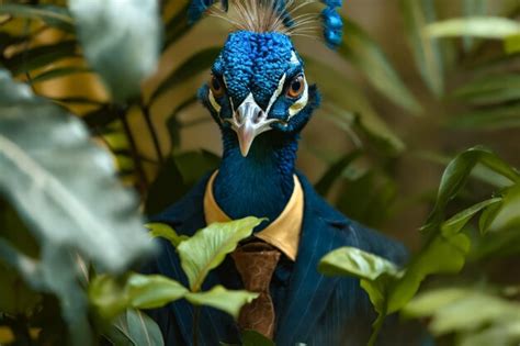 A Peacock Wearing A Suit And Tie Standing In A Tree Premium Ai