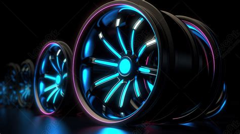 네온 조명이 켜진 검정색 배경에 있는 검정색 바퀴의 3d 그림 바퀴 배경 검정색 배경 자동차 배경 이미지 Hd 바퀴
