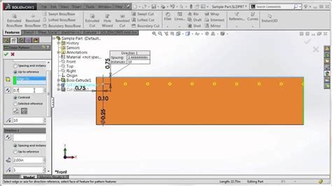 Solidworks Tutorial Equal Spacing For Linear Patterns Solidworks