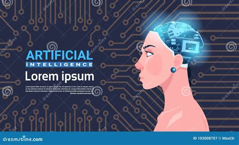 Female Head With Modern Cyborg Brain Over Circuit Motherboard Artificial Intelligence Concept