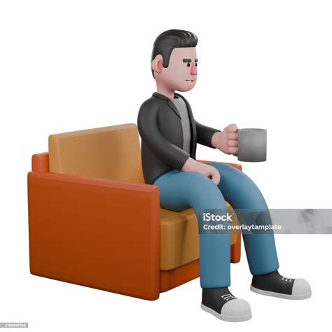 3d 만화 시나리오 작가 남자 시나리오 작가는 왼손은 커피잔을 오른손은 무릎 위에 올려놓고 소파에 앉아 있다 프로페셔널 캐릭터 모델 3차원 형태에 대한 스톡 사진 및 기타