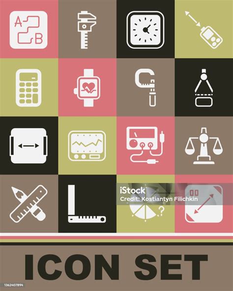 대각선 측정 정의의 척도 그리기 나침반 시계 스마트 시계 계산기 경로 위치 및 마이크로 미터 아이콘을 설정합니다 벡터 건강한 생활방식에 대한 스톡 벡터 아트 및 기타 이미지