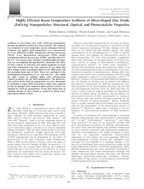 Pdf Highly Efficient Room Temperature Synthesis Of Silver‐doped Zinc Oxide Zno Ag
