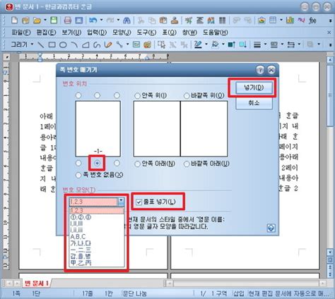 한글 쪽번호 매기기 중간부터 넣기 감추기