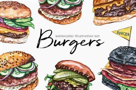 Watercolor Food Set Illustrations Burger 6 Burgers By Susik Shop