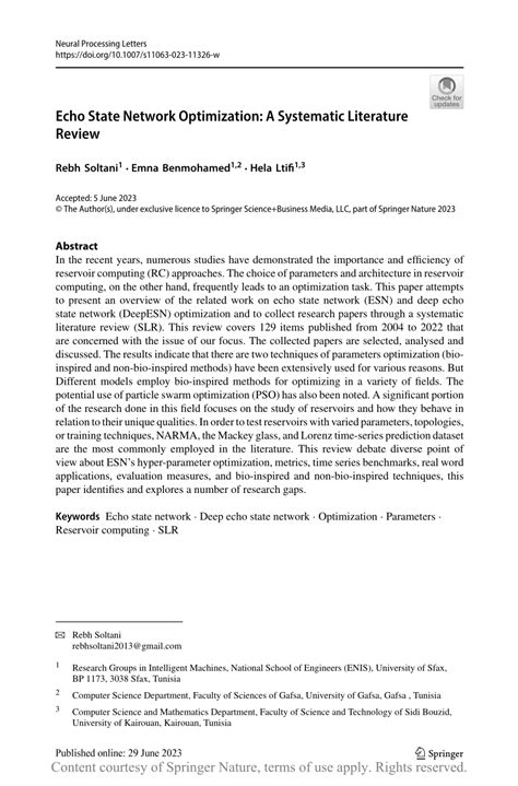 Echo State Network Optimization A Systematic Literature Review