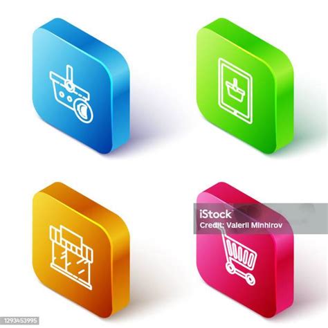 태블릿 빌딩 또는 마켓 스토어 및 카트 아이콘에 등도 측정 라인 쇼핑 바구니와 유로를 설정합니다 벡터 3차원 형태에 대한 스톡 벡터 아트 및 기타 이미지 Istock