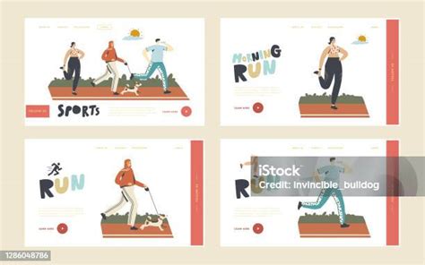 여름 야외 스포츠 활동 조깅 건강한 라이프 스타일 방문 페이지 템플릿 세트 캐릭터의 달아나는 아침 공원 Championship에