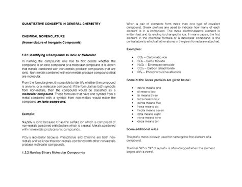 Quantitative Concepts In General Chemistry Notes Quantitative Concepts In General Chemistry